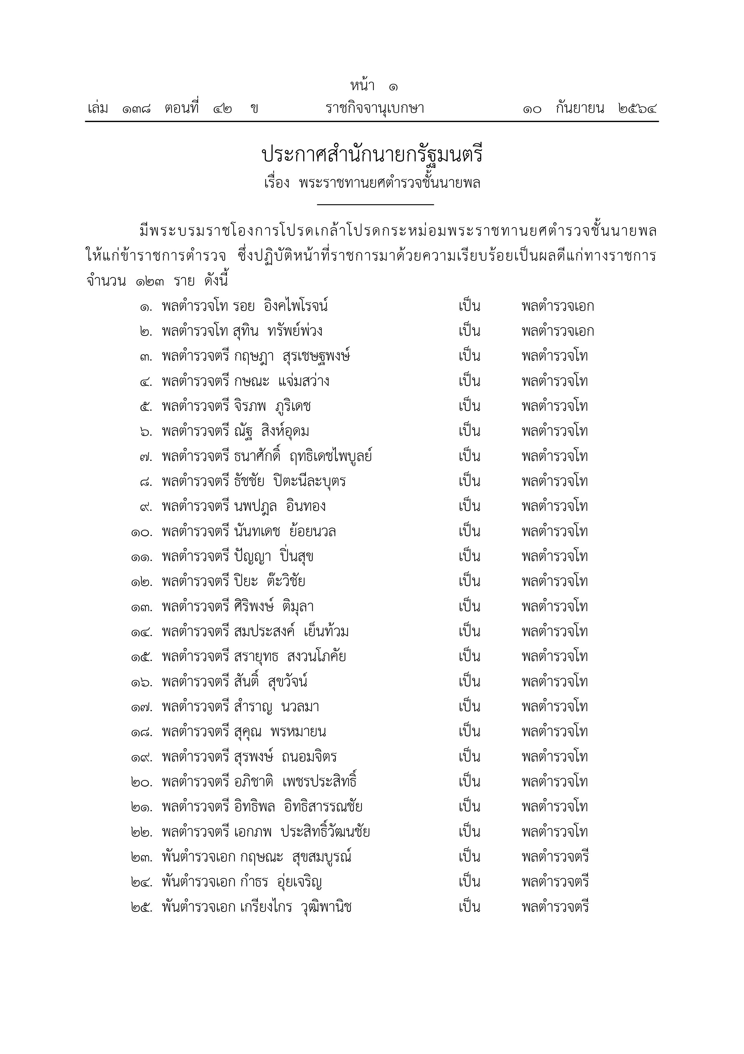 โปรดเกล้าฯ พระราชทานยศตำรวจชั้นนายพล จำนวน 123 ราย