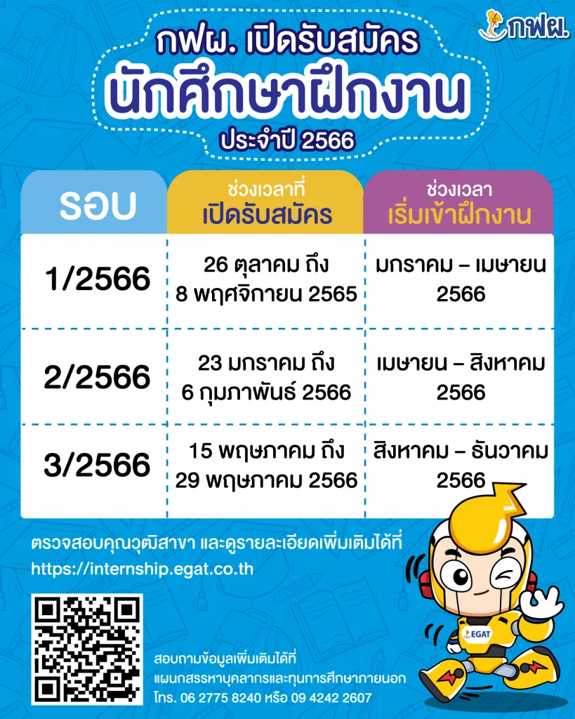 กฟผ. รับสมัคร นักศึกษาฝึกงานประจำปี 2566