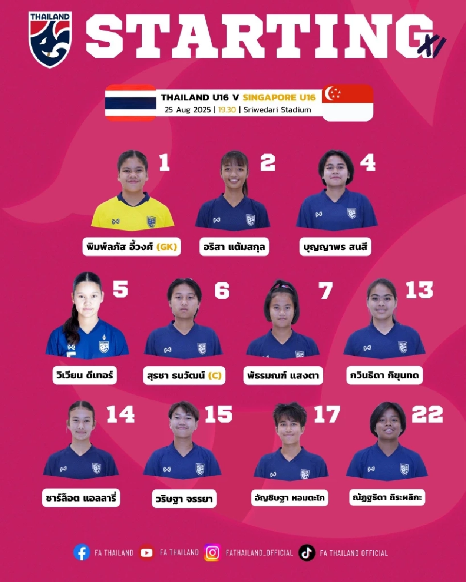 LIVE ถ่ายทอดสดฟุตบอลหญิง ทีมชาติไทย U16 พบ สิงคโปร์ ดูบอลสด เช็กผลบอลที่นี่