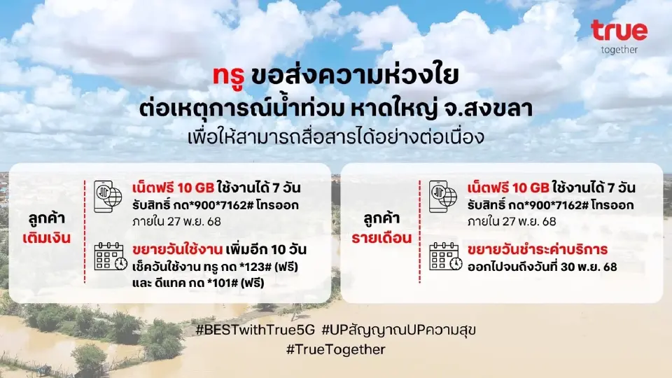 “AIS-TRUE” เยียวยาน้ำท่วมภาคใต้ ให้ค่าโทร-เน็ตฟรี ขยายวันชำระค่าบริการ